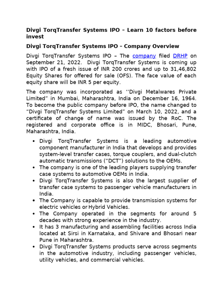 Divgi TorqTransfer Systems IPO Insights | PDF | Four Wheel Drive ...