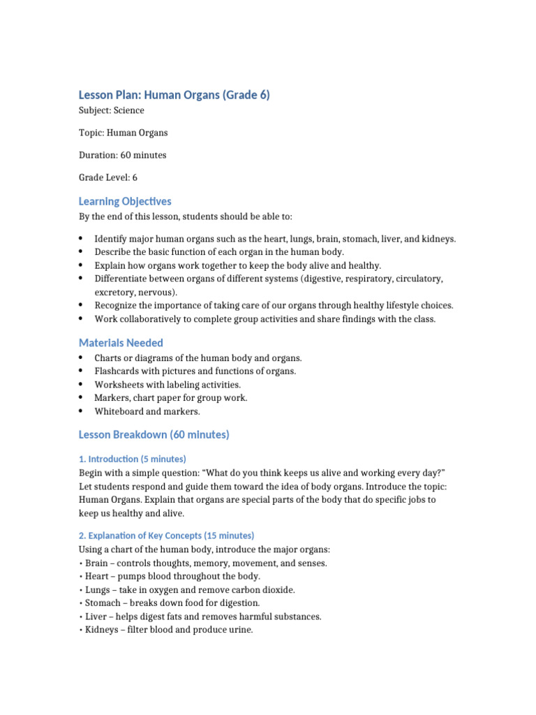 Lesson Plan Human Organs Grade6 | PDF | Human Body | Heart