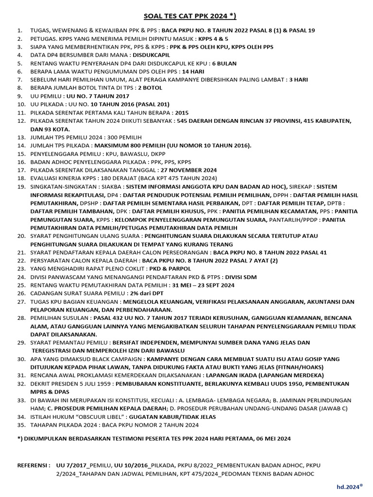Soal Tes CAT PPK 2024 dan Aturan Pemilu | PDF