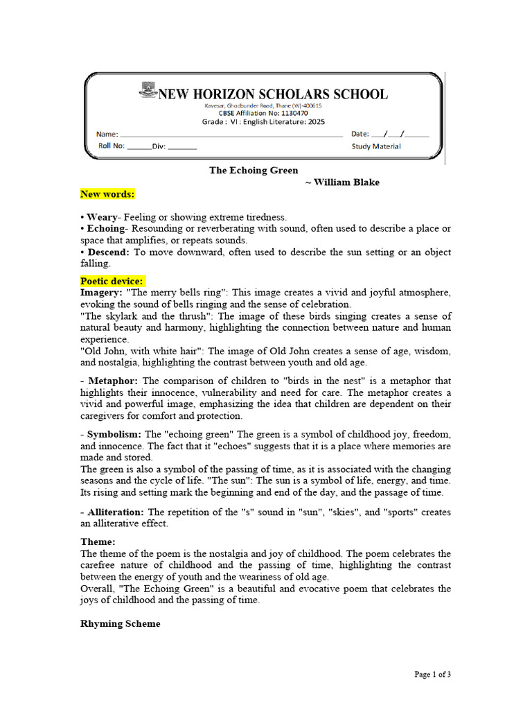 Understanding "The Echoing Green" | PDF | Happiness | Poetry