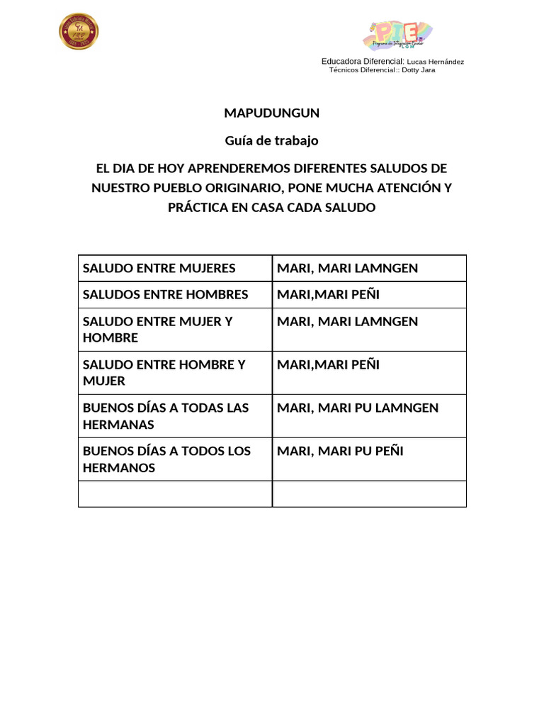 Saludos en Mapudungun: Guía Práctica | PDF