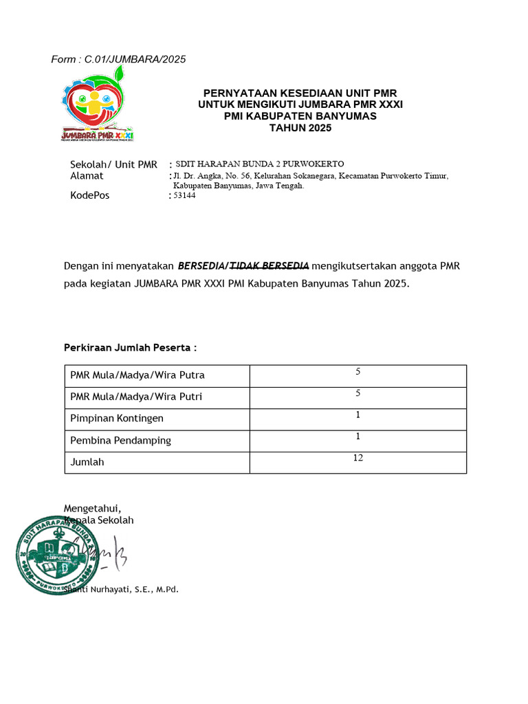 Jumbara PMR 2025 Banyumas: Formulir Peserta | PDF