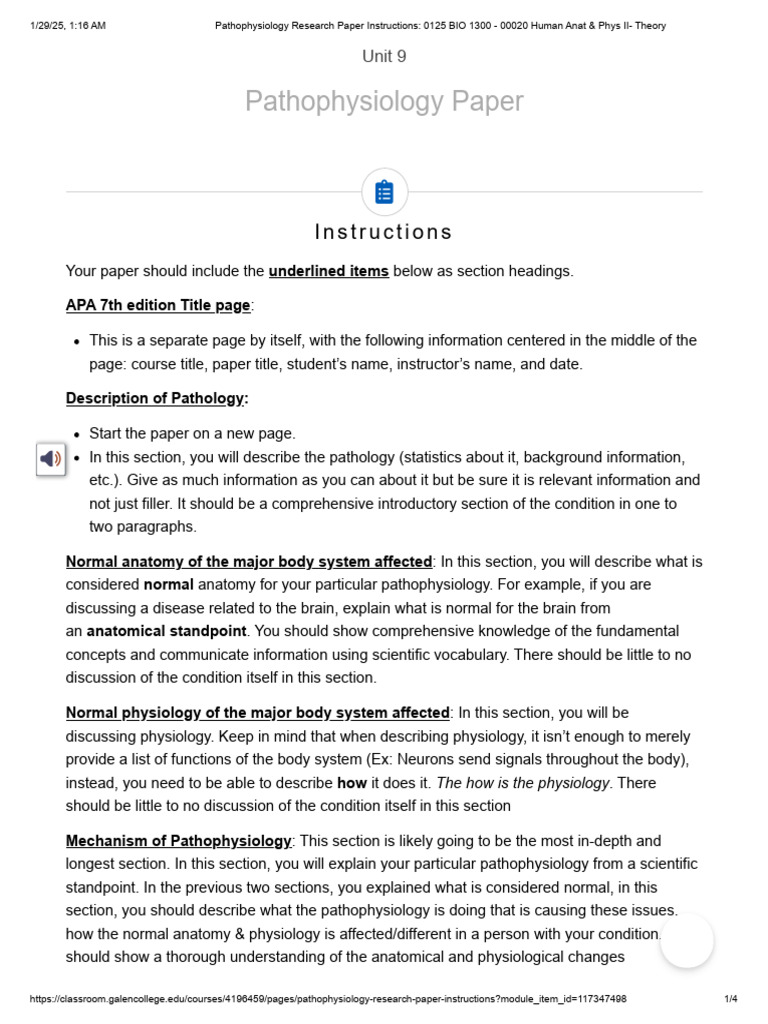 Pathophysiology Research Paper Instructions - 0125 BIO 1300 - 00020 ...