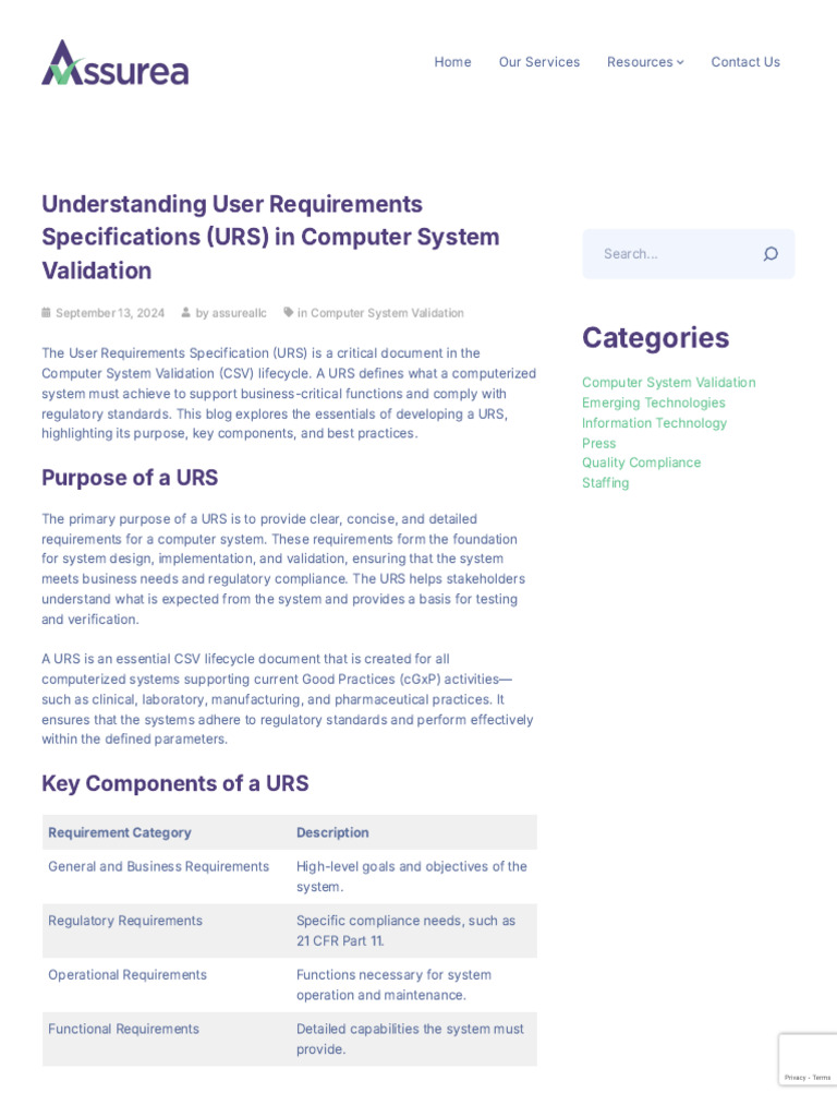 Understanding User Requirements Specifications (URS) in Computer System Validation - AssureaLLC ...