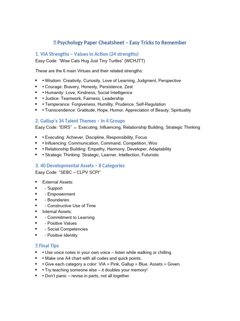 Psychology CheatSheet Easy Tricks | PDF