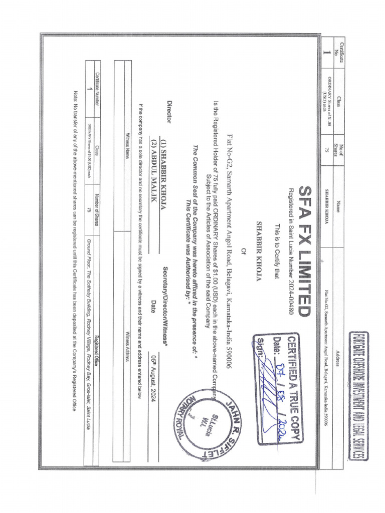 Share Certificate 1 - SFA FX LIMITED | PDF