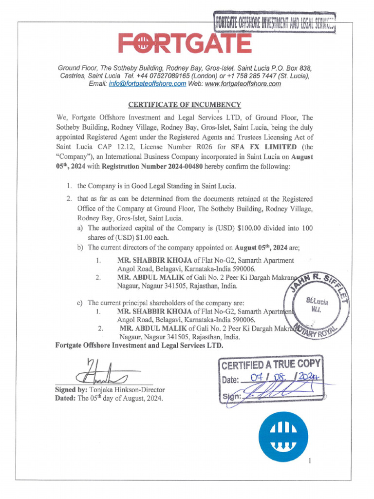 Certificate of Incumbency - SFA FX LIMITED | PDF