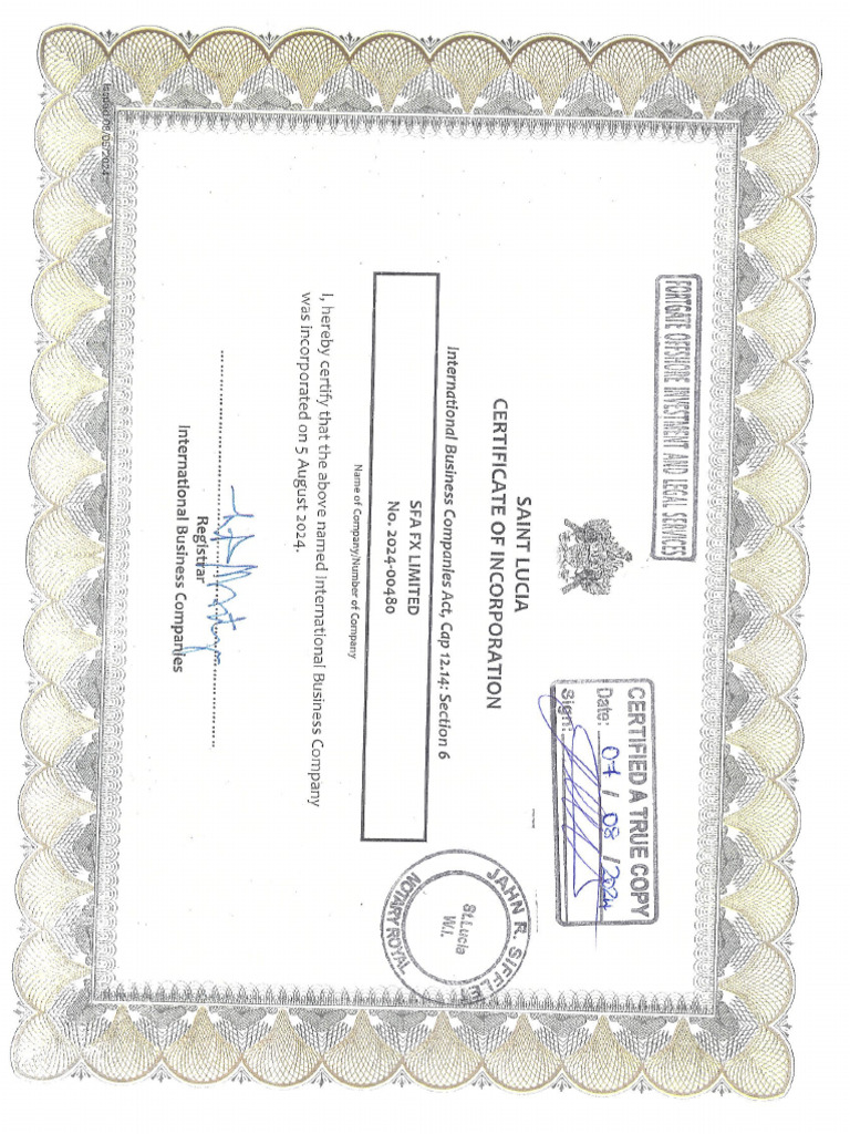 Certificate of Incorporation - SFA FX LIMITED | PDF