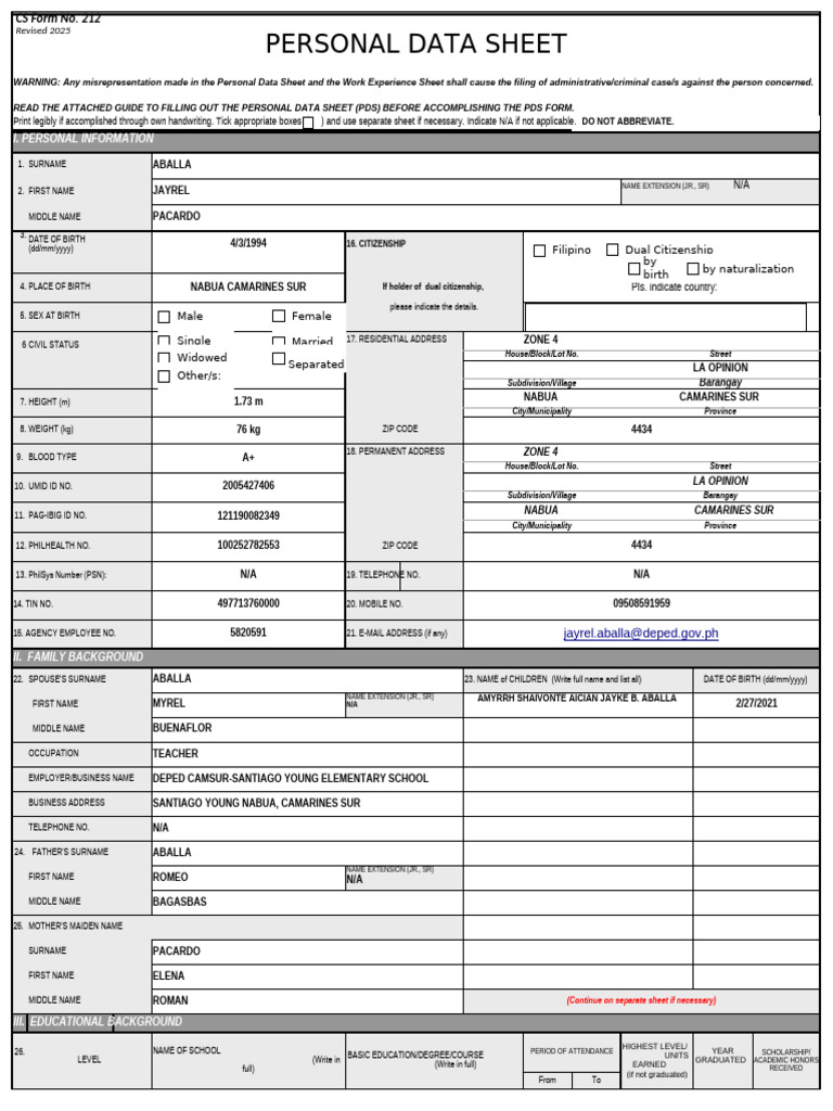 CS Form No. 212 Revised 2025 Personal Data Sheet | PDF | Government