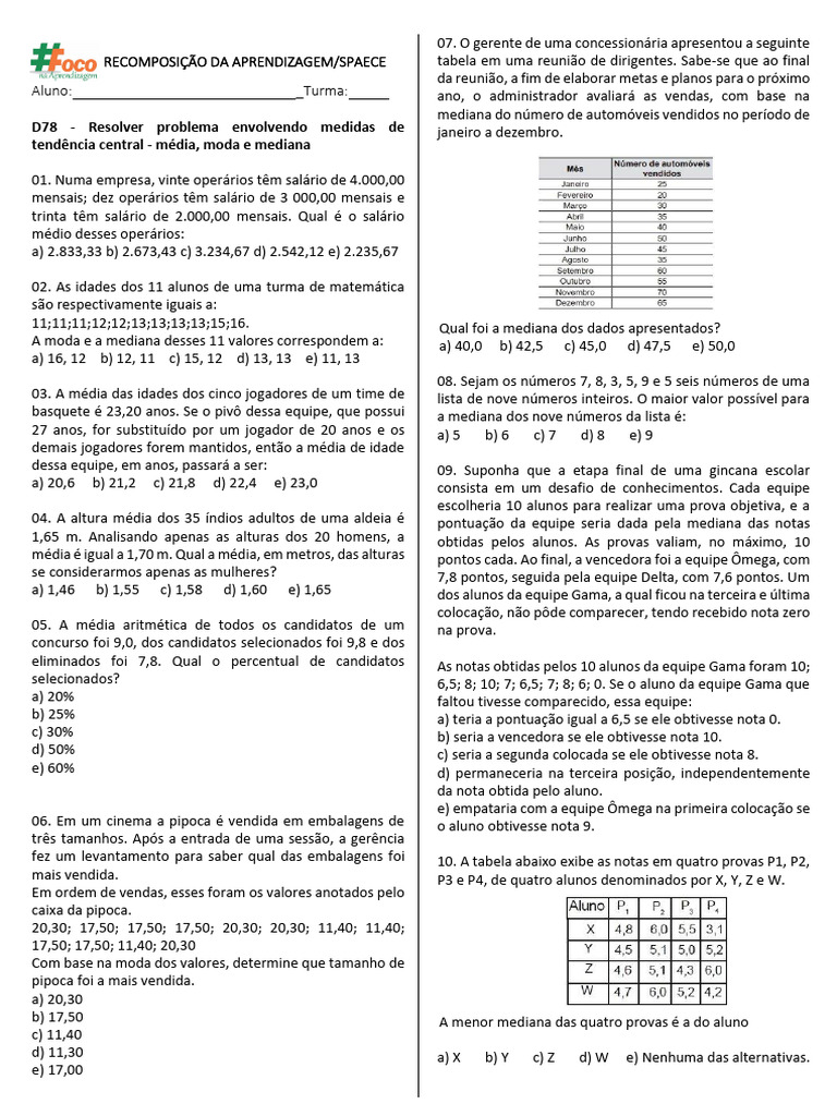 D78 Medidas de Tendência Central - Média, Moda e Mediana | PDF ...