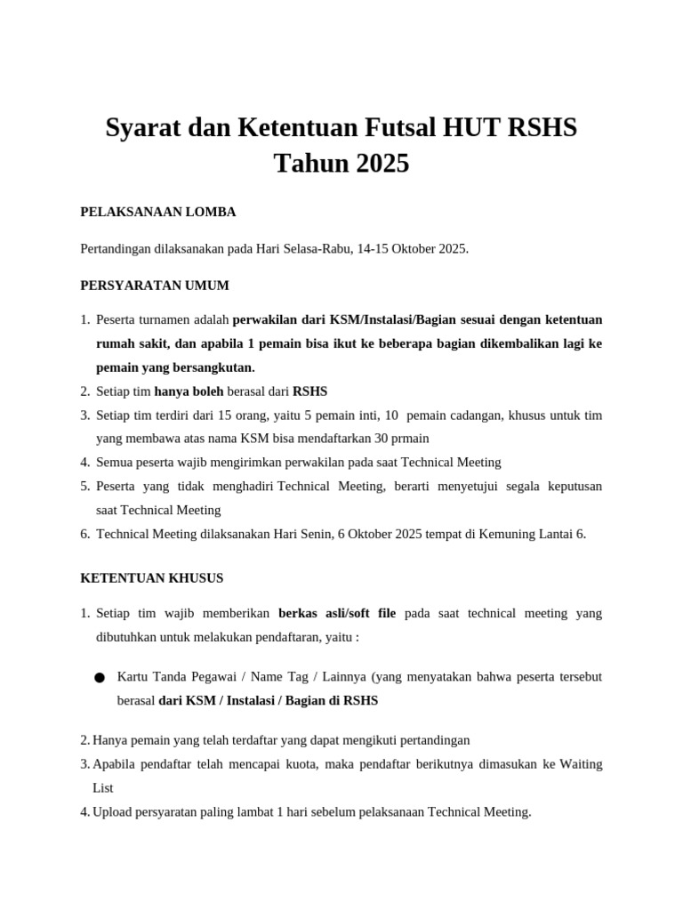 Syarat dan Ketentuan Futsal RSHS 2025 | PDF