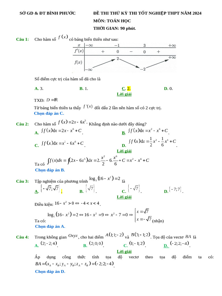 De Thi Thu Tot Nghiep THPT 2024 Mon Toan Lan 1 So GDDT Binh Phuoc | PDF