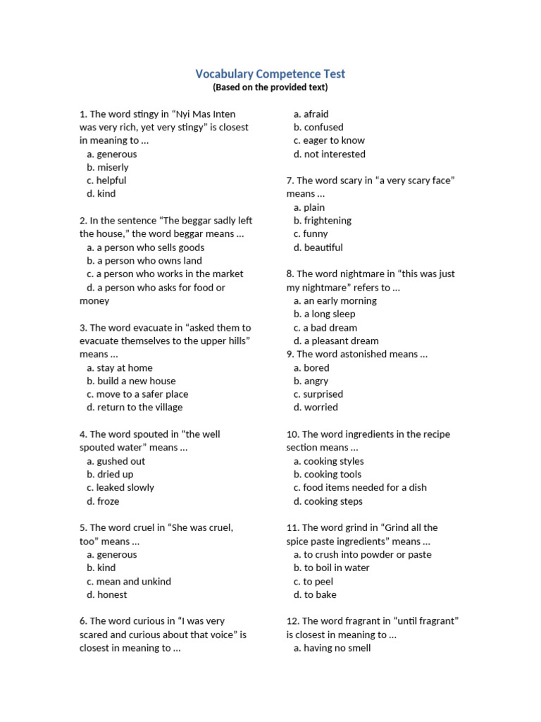 Vocabulary Competence Test Questions | PDF | Taste | Foods