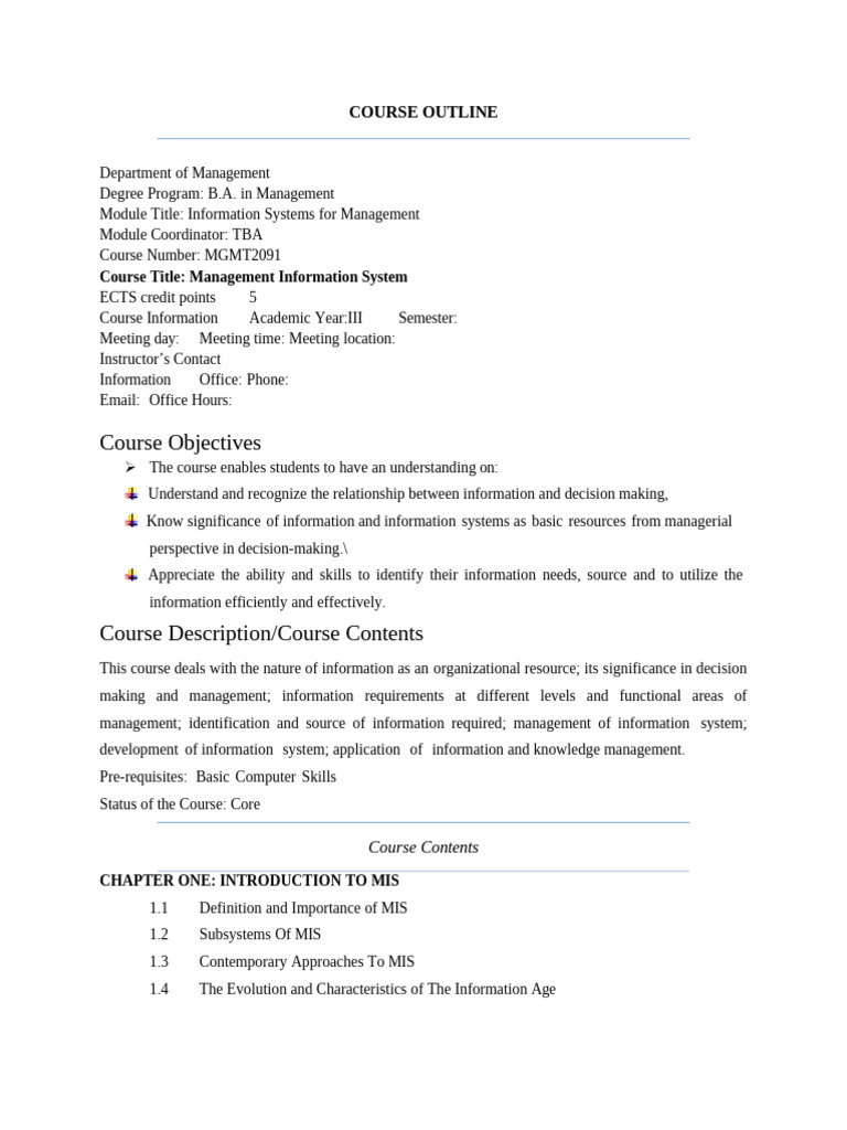 Course Outline of Mis-1 | PDF | System | Information
