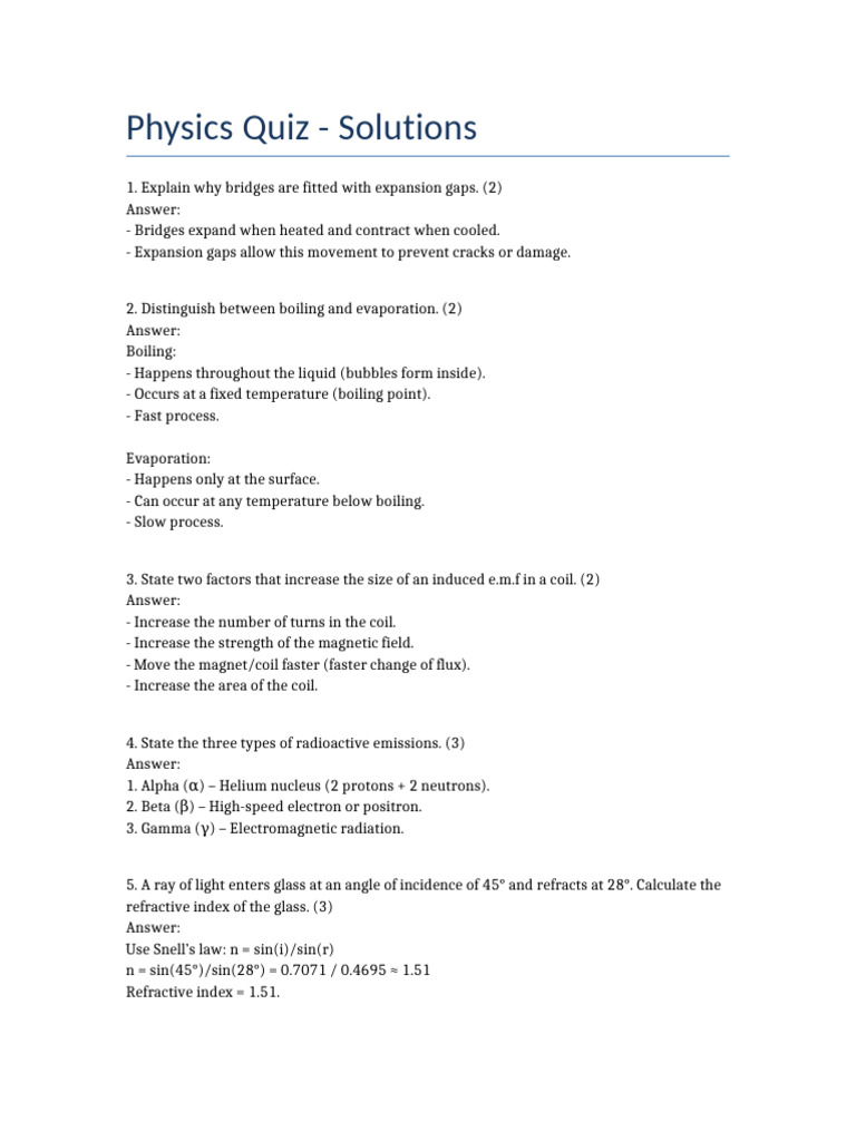 Physics Quiz Solutions and Explanations | PDF