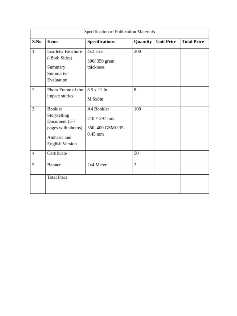 Publication Materials Specification List | PDF
