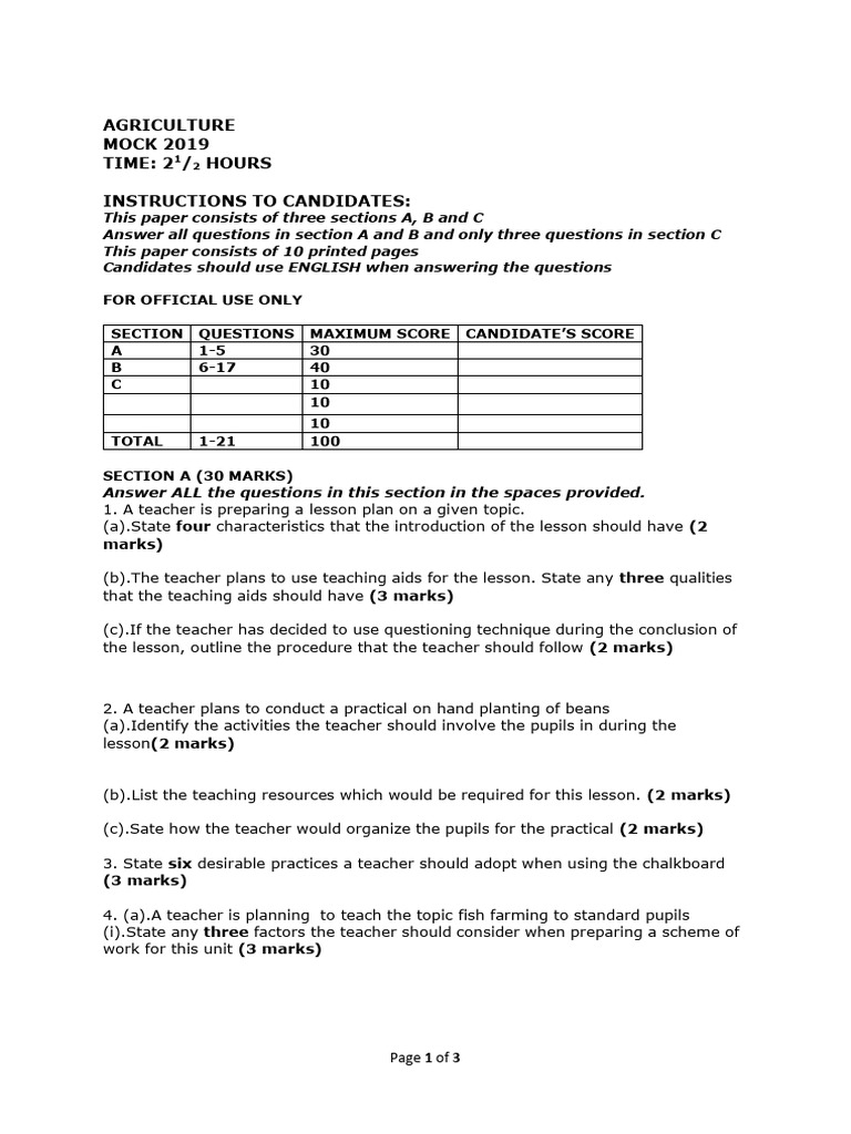 Agric Mock 2019 Question Paper MG | PDF | Agriculture | Teachers