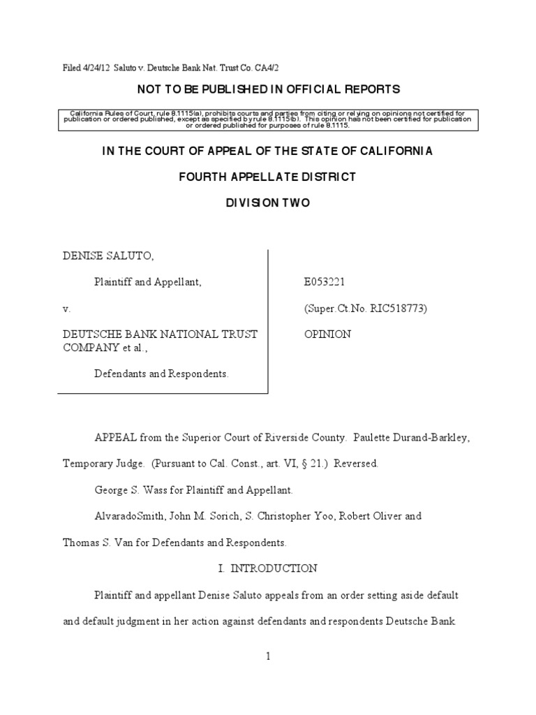 Denise Saluto v. Deutsche Bank Et Al. Court of Appeal | PDF | Default ...