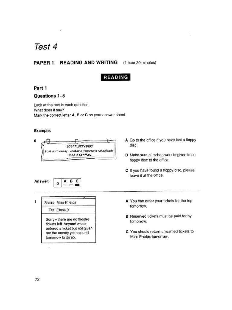 Cambridge Preliminary English Test 4 Reading LEVEL 1 | PDF