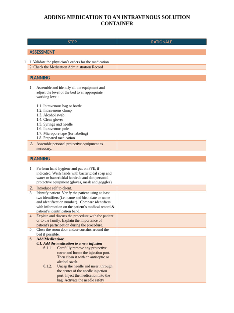 Adding Medication To An Intravenous Solution Container | PDF ...