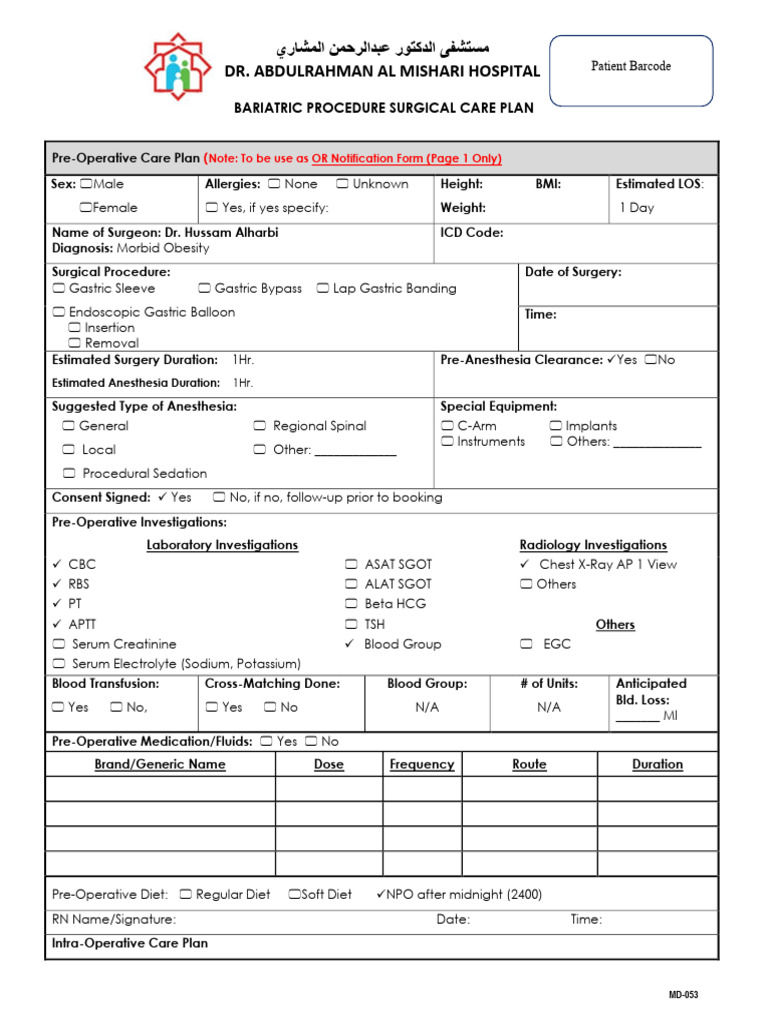 Pre-Printed Bariatric Forms | PDF | Surgery | Bariatric Surgery