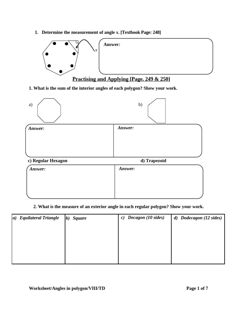 Worksheet On Angles in Polygon | PDF | Polygon | Triangle