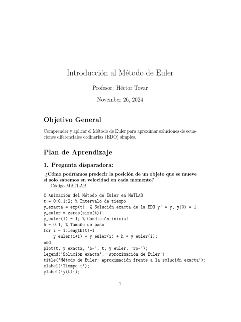 Método de Euler | PDF | Ecuación diferencial ordinaria | Ecuaciones diferenciales