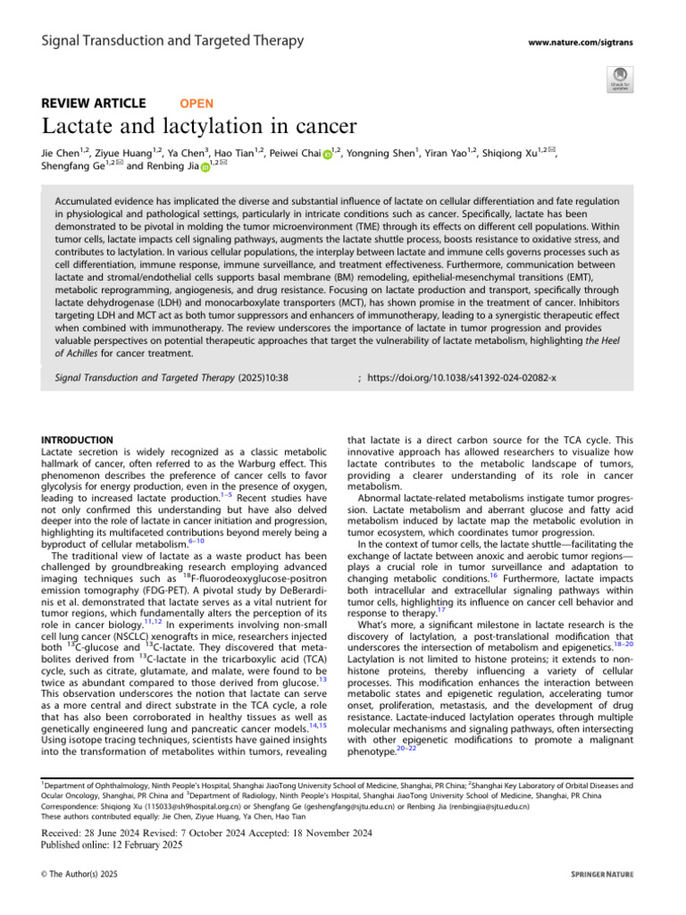Lactate and Lactylation in Cancer: Signal Transduction and Targeted ...