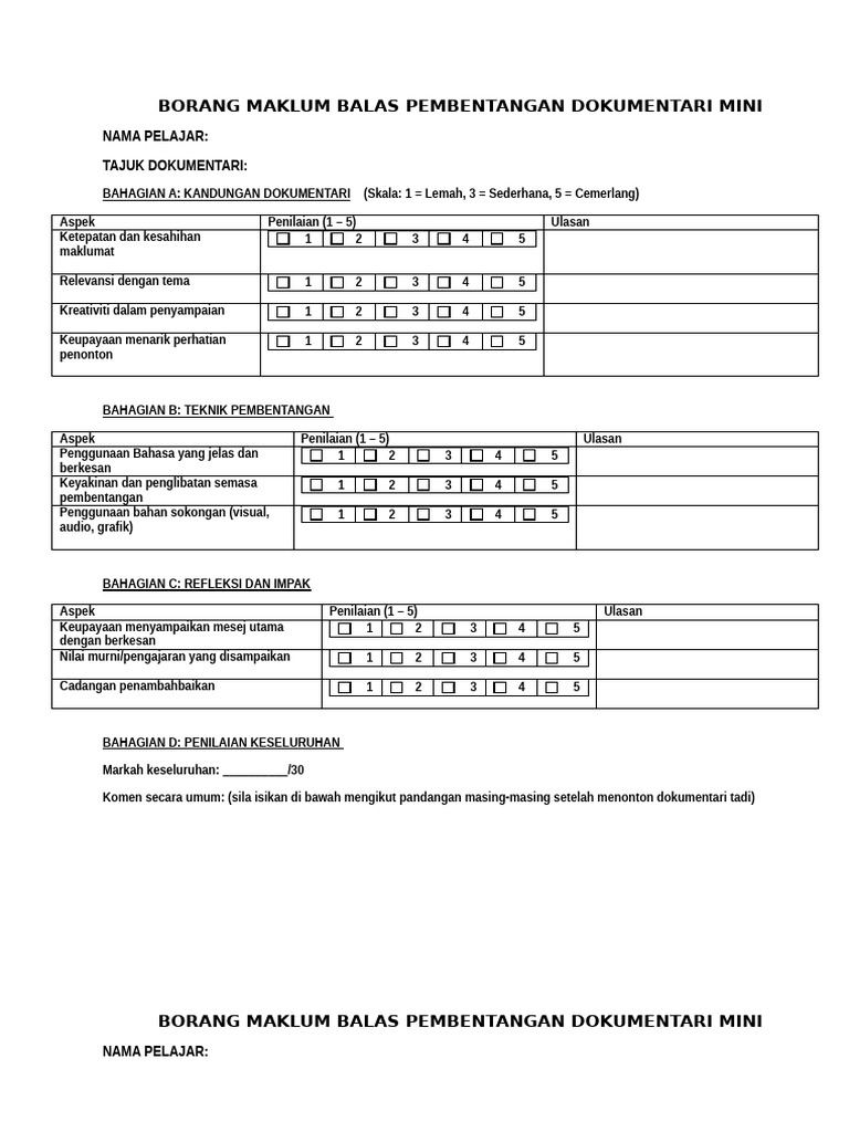 Borang Maklum Balas Pembentangan Dokumentari Mini | PDF