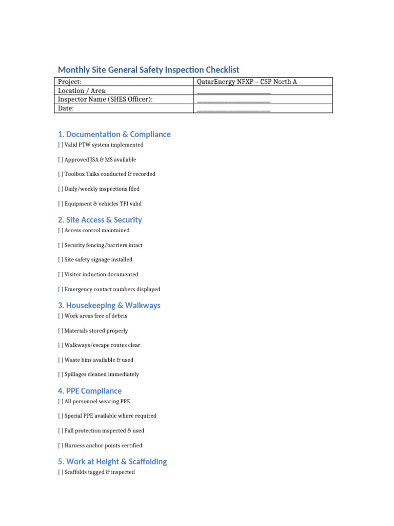 Monthly Safety Inspection Checklist | PDF | Safety