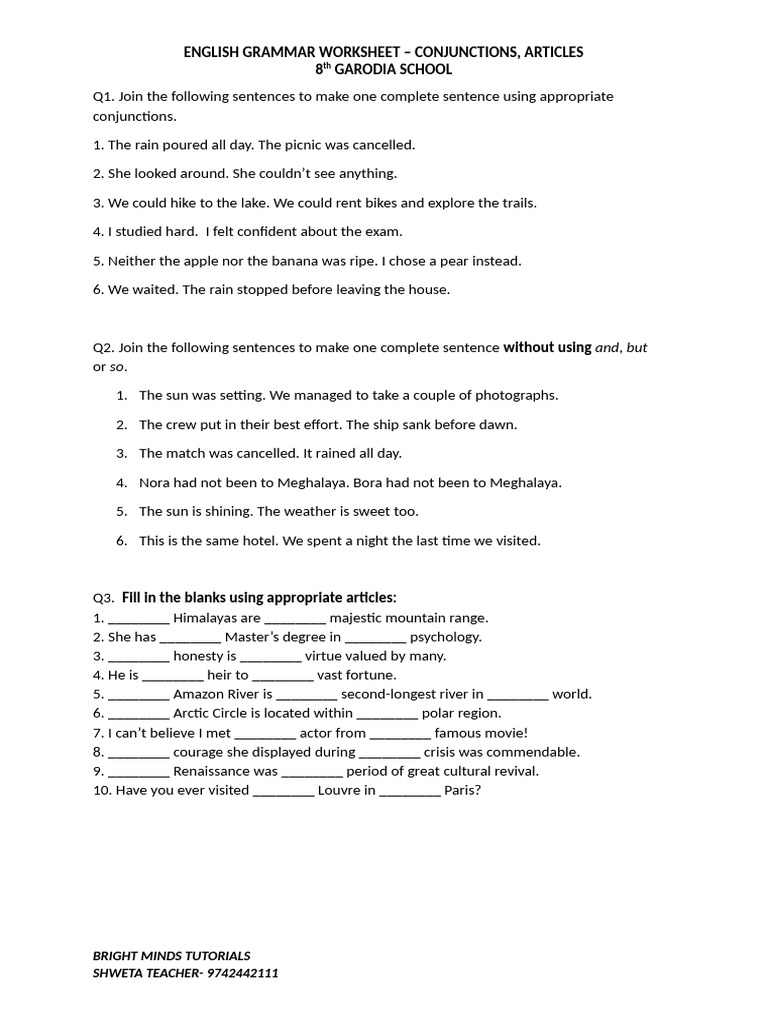 Eng Grammar Worksheet - Conjunctions, Articles | PDF