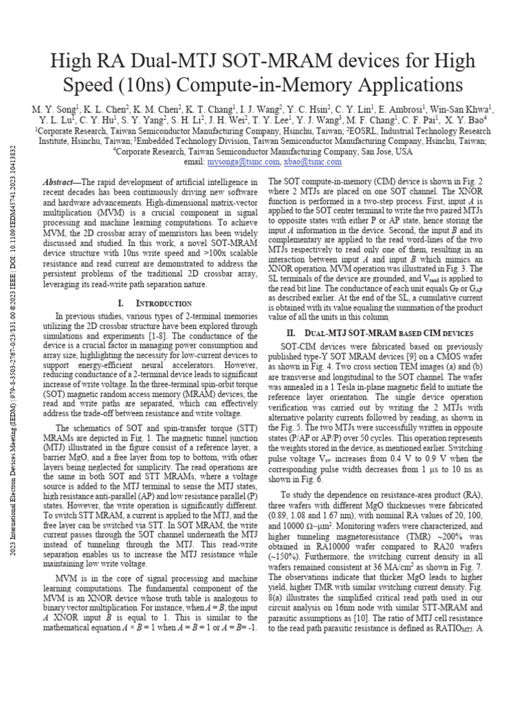 High RA Dual-MTJ SOT-MRAM Devices For High Speed 10ns Compute-In-Memory ...