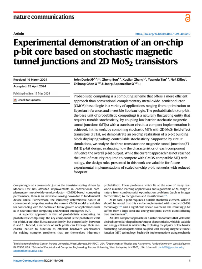Experimental Demonstration of An On-Chip P-Bit Core Based On Stochastic ...