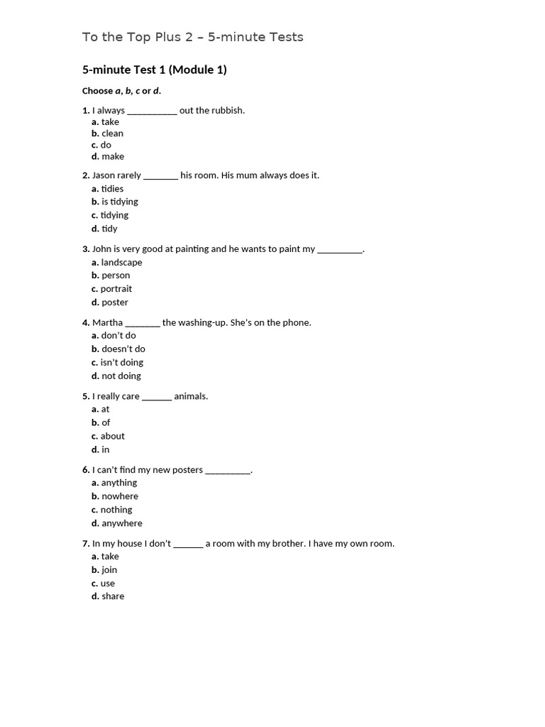 To The Top Plus - 2 - 5-Minute Test 1 | PDF