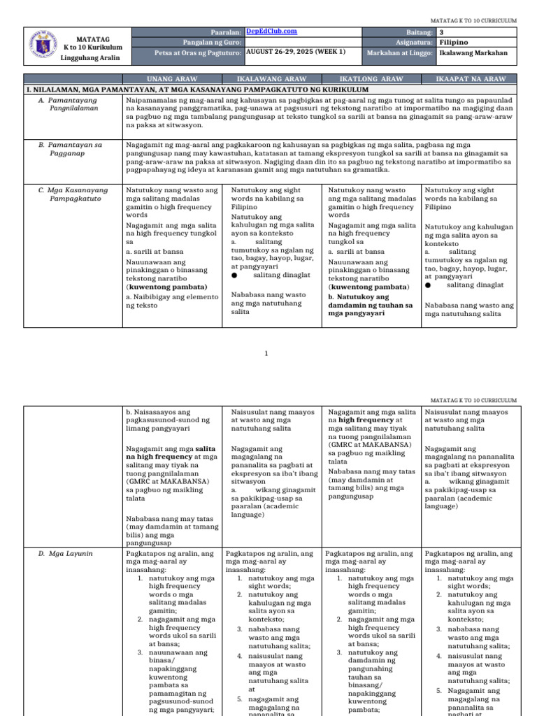 DLL Matatag - Filipino 3 - Q2 - W1 | PDF