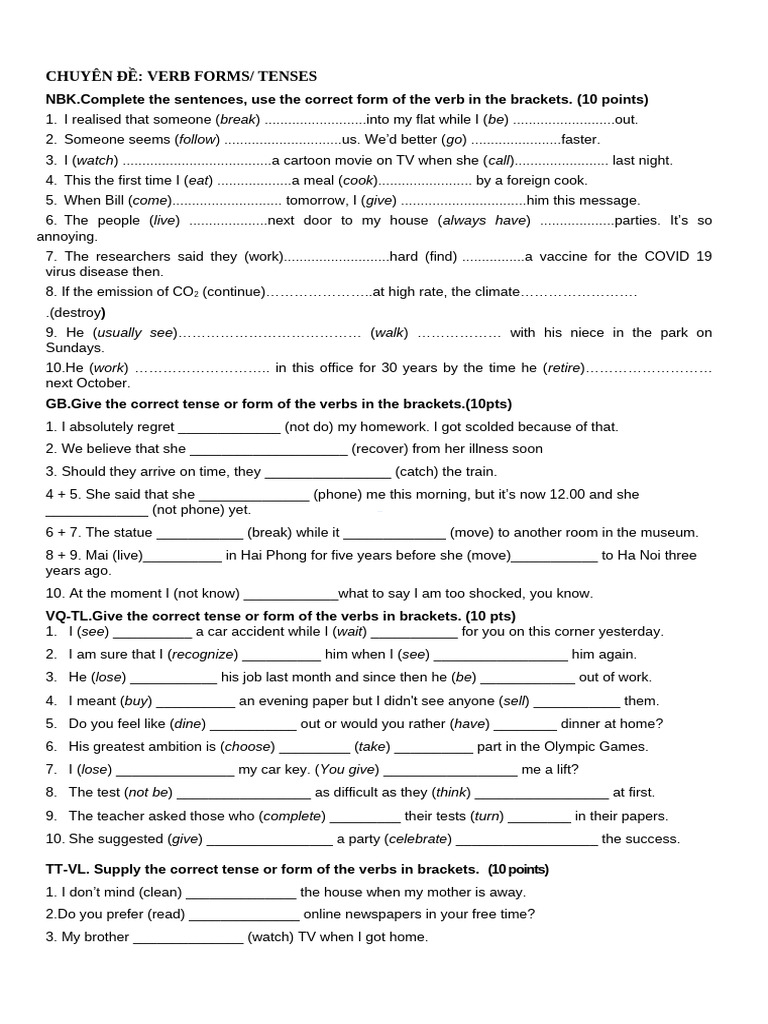 Verb Forms and Tenses Exercises | PDF