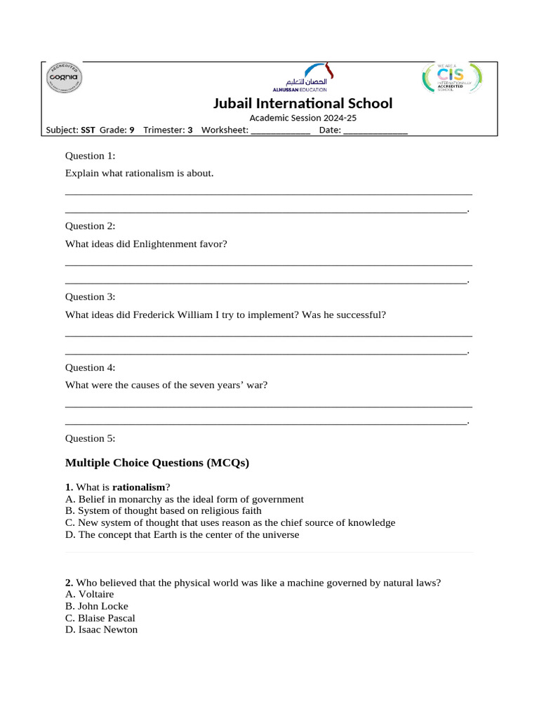 Grade 9 SST Worksheet: Enlightenment & History | PDF | Age Of Enlightenment