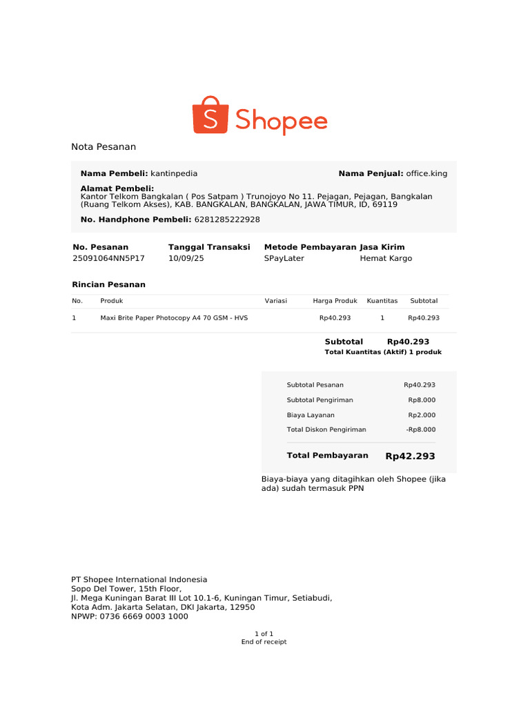 Invoice Kertas Printer A4 | PDF