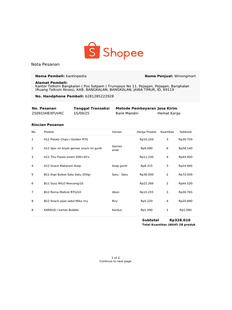 Invoice Pantry BKL September | PDF