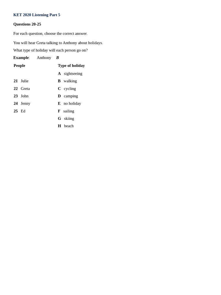 KET 2020 Listening Part 5 VIII Comp | PDF