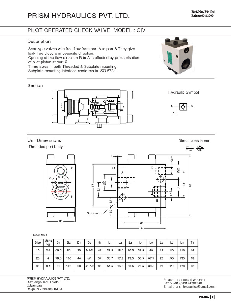 Pilot Operated Check Valve CIV Model | PDF | Piston | Fluid Dynamics