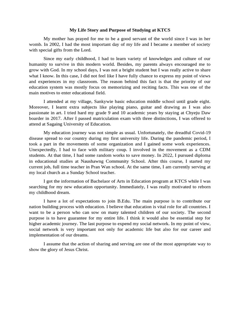 My Life Story and Purpose of Studying at KTCS | PDF | Learning