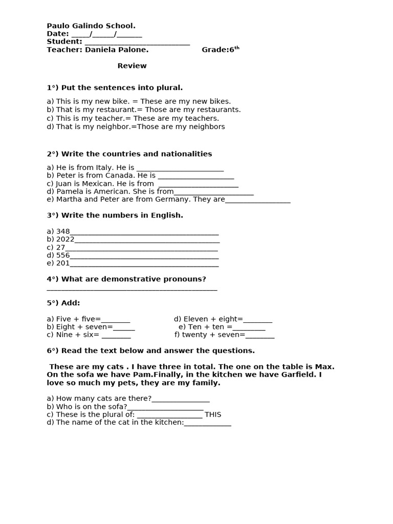 6th Grade English Review Worksheet | PDF