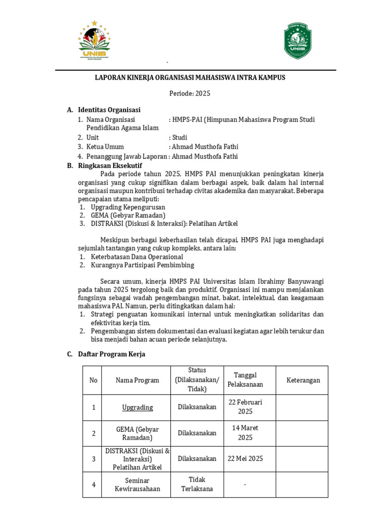 Format Laporan Kinerja HMPS PAI | PDF