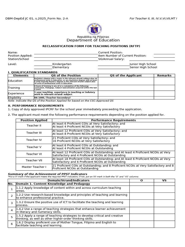 Annex B 1 - RFTP Shs Teacher II | PDF | Learning | Educational Assessment