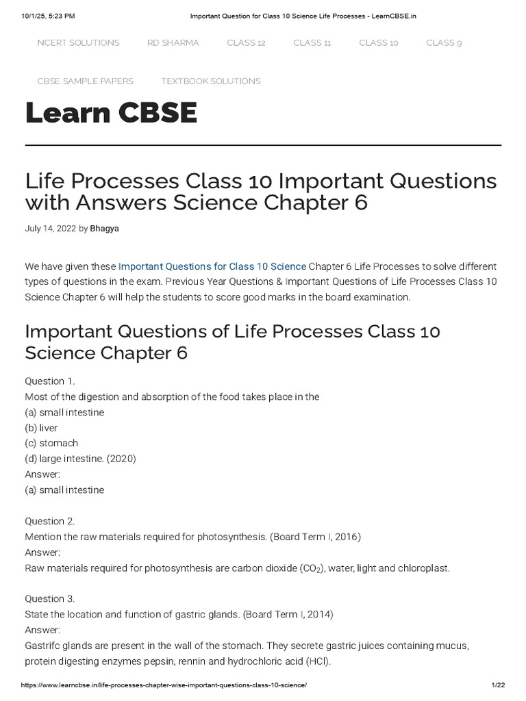 Important Question For Class 10 Science Life Processes - LearnCBSE - in ...