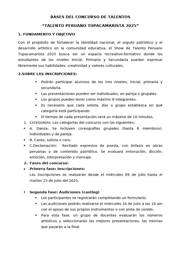 Bases Del Concurso de Talentos-Talento Peruano Tupacamarista 2025 | PDF