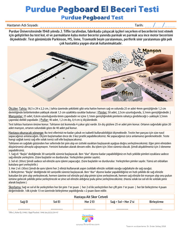 Purdue Pegboard El Beceri Testi Ftronline | PDF