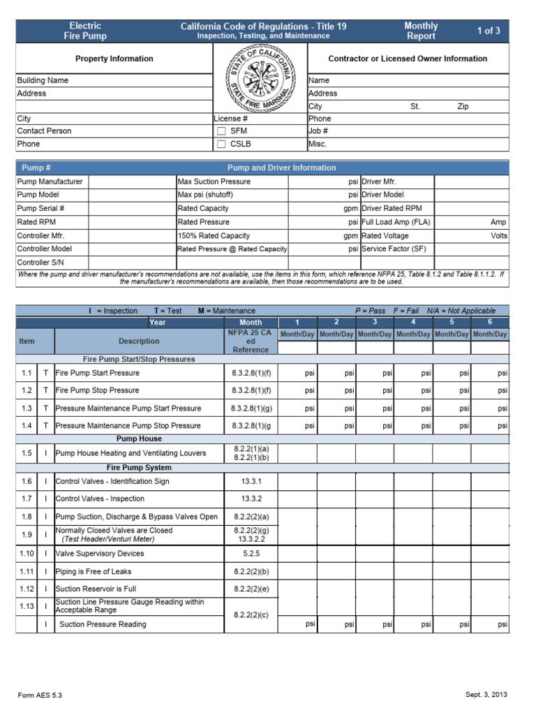 Electric Fire Pump Monthly Report | PDF | Pump | Mechanical Engineering