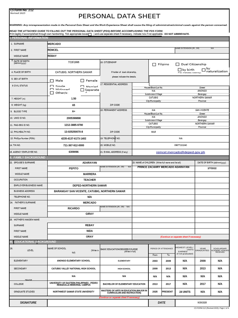 Personal Data Sheet - CS Form 212 | PDF